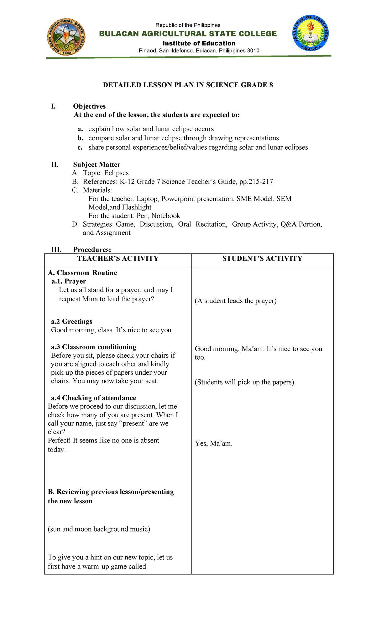 DLP-Water Cycle-Grade 8 - BULACAN AGRICULTURAL STATE COLLEGE Institute ...