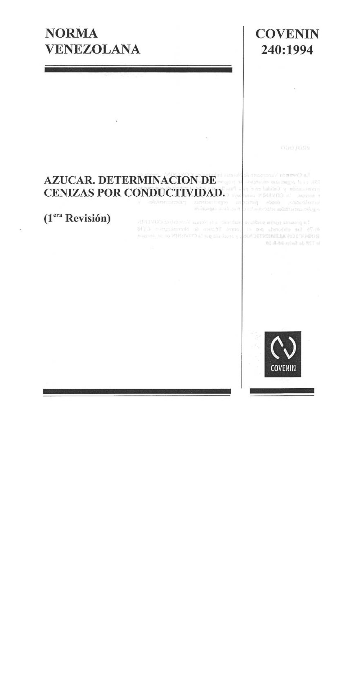 Covenin 240-94 (cenizas conductímetricas en azucar) - NORMA COVENIN ...