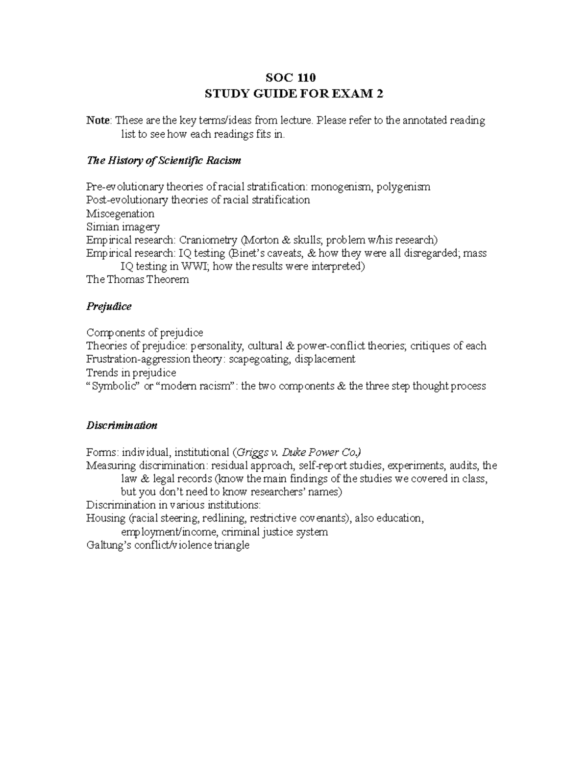 SOC 110 Study Guide 2 - SOC 110 STUDY GUIDE FOR EXAM 2 Note: These are ...