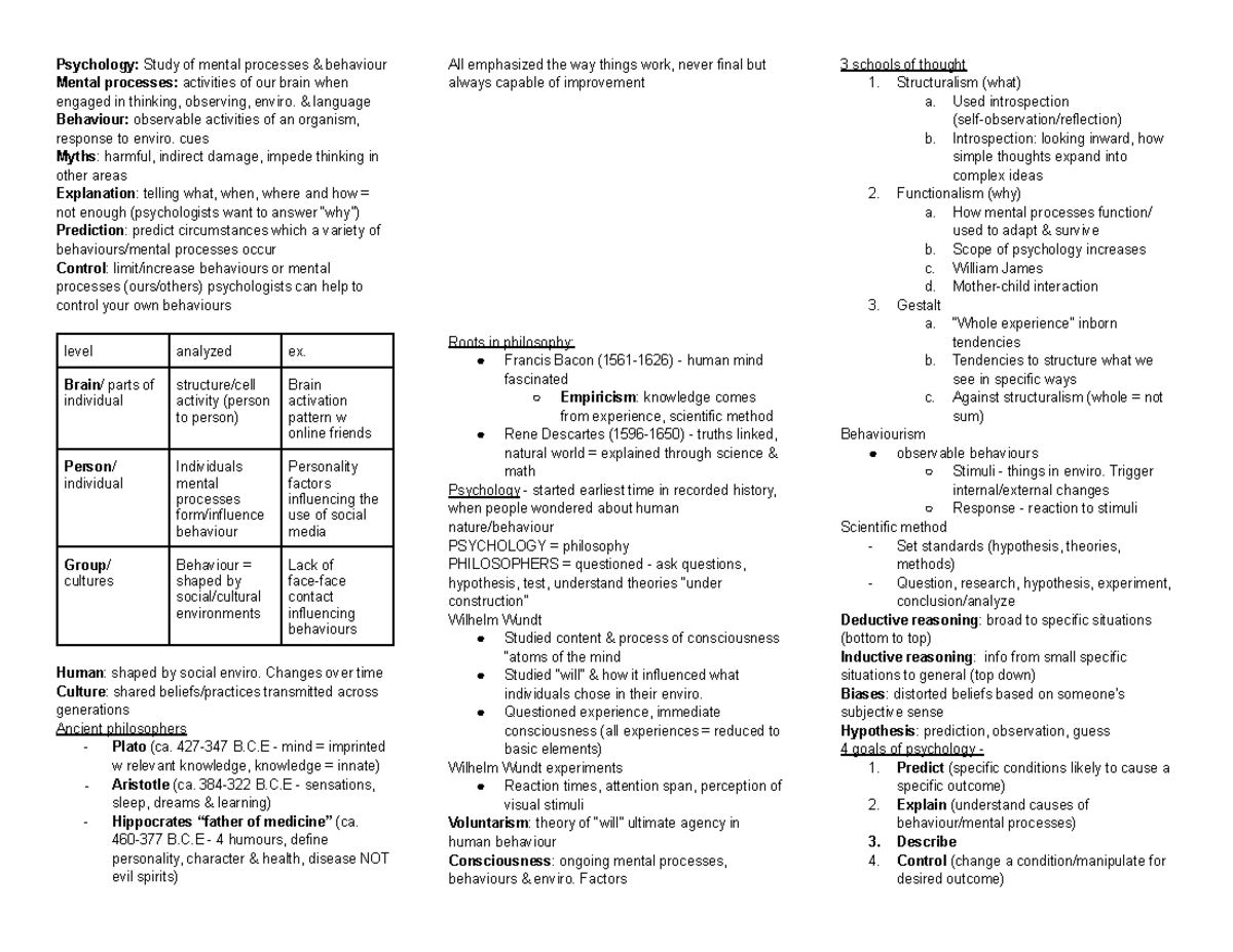 Psych Final - PS101 - Psychology: Study of mental processes & behaviour ...