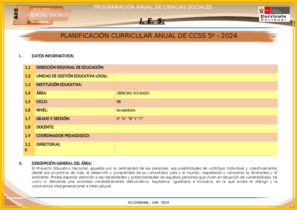 PLAN Anual CCSS 5TO 2024 - CIENCIAS SOCIALES ÁRE A Secundaria I. E. S: - Studocu