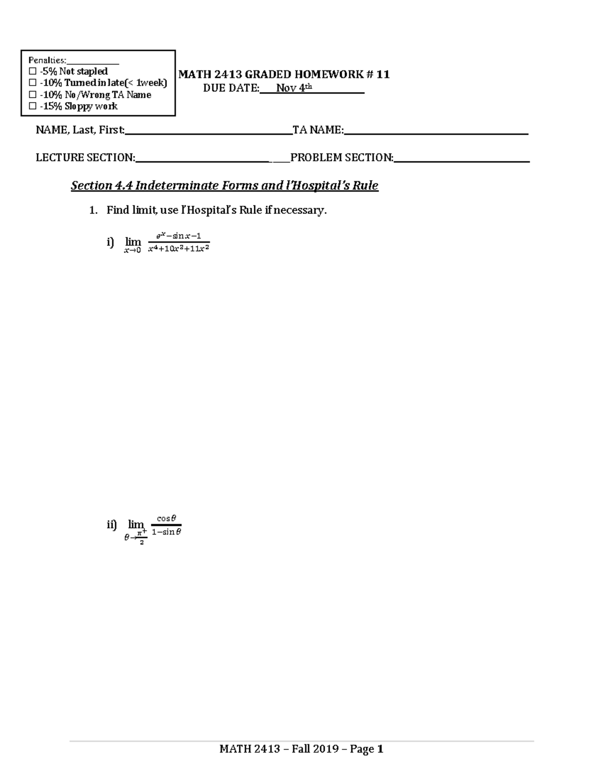 MATH 2413 GHW11 - Extra practice - MATH 2413 GRADED HOMEWORK # 11 DUE ...