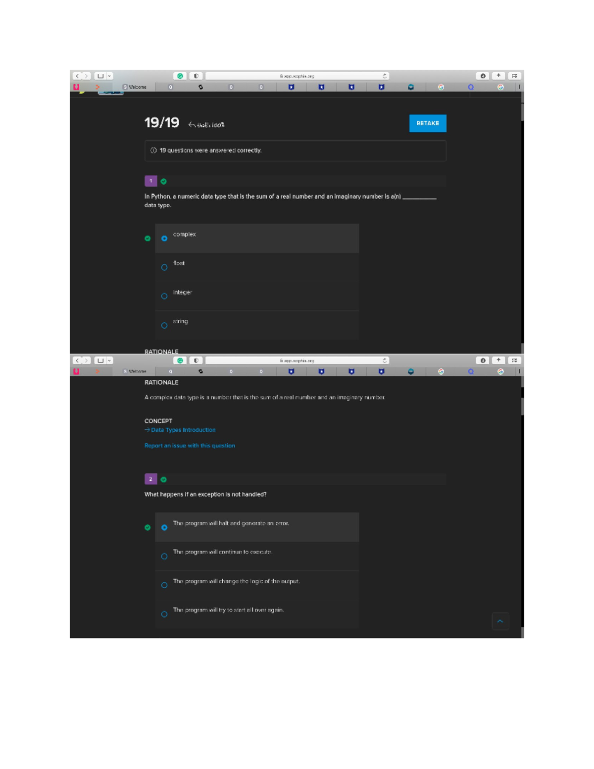 Python milestone - Sophia - a app.sophia Welcome o Q RETAKE 19 questions were answered correctly ...