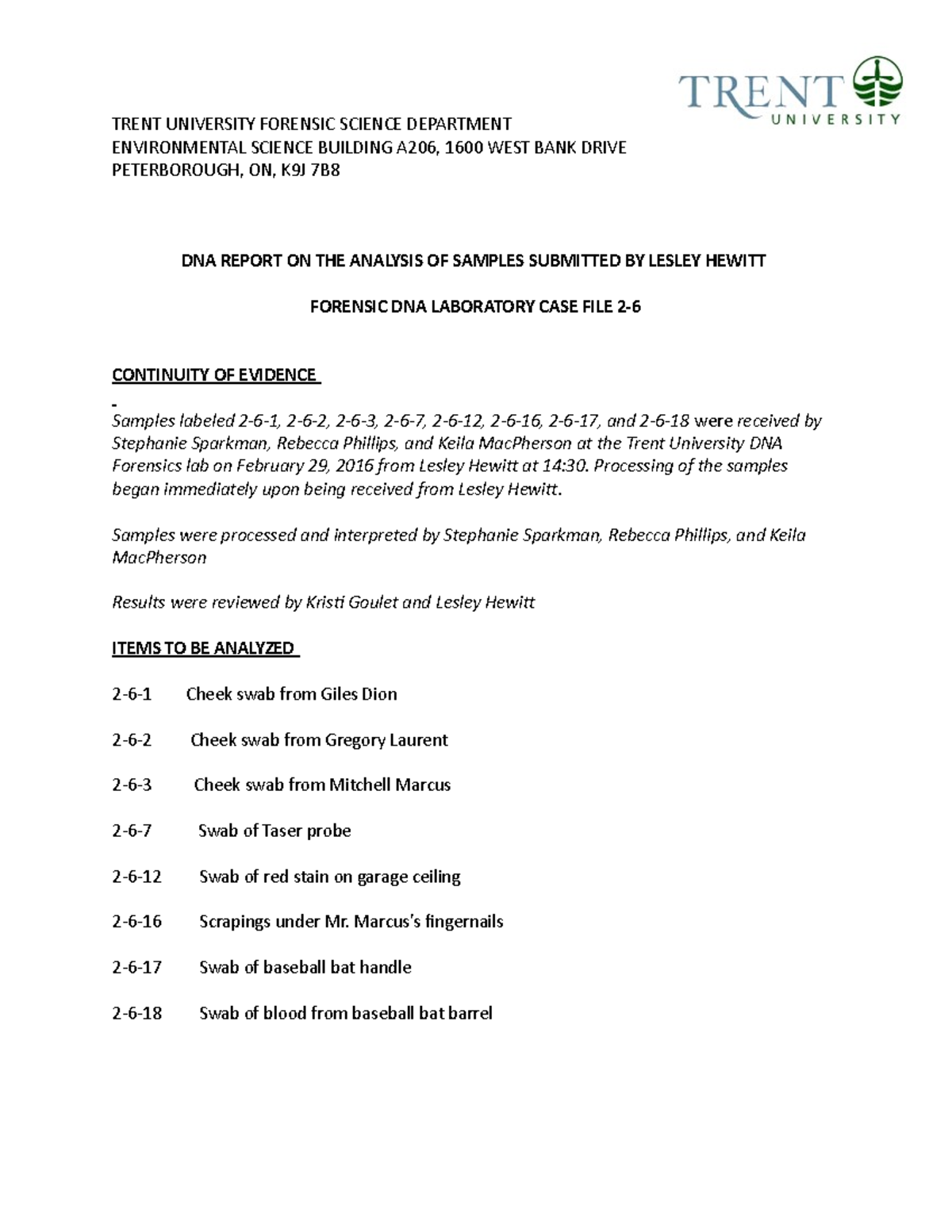 DNA Report Final - TRENT UNIVERSITY FORENSIC SCIENCE DEPARTMENT ...