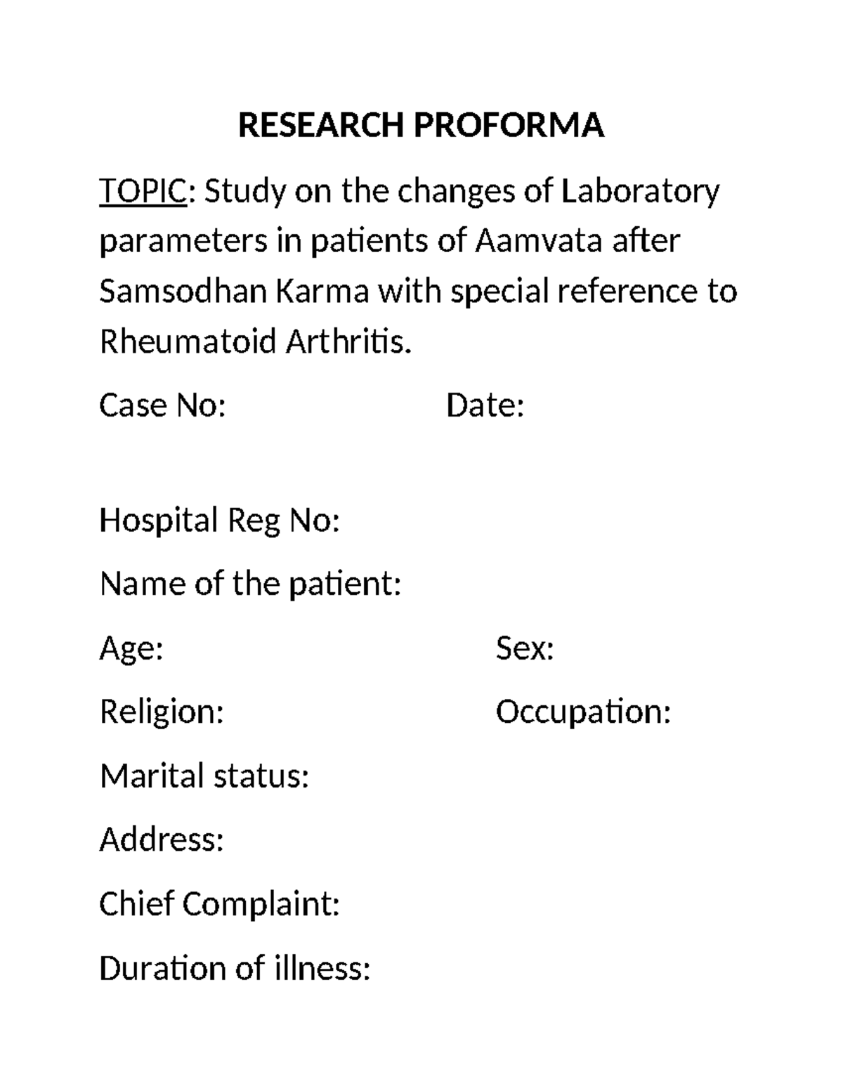 Proforma (Auto Recovered) - RESEARCH PROFORMA TOPIC: Study on the ...
