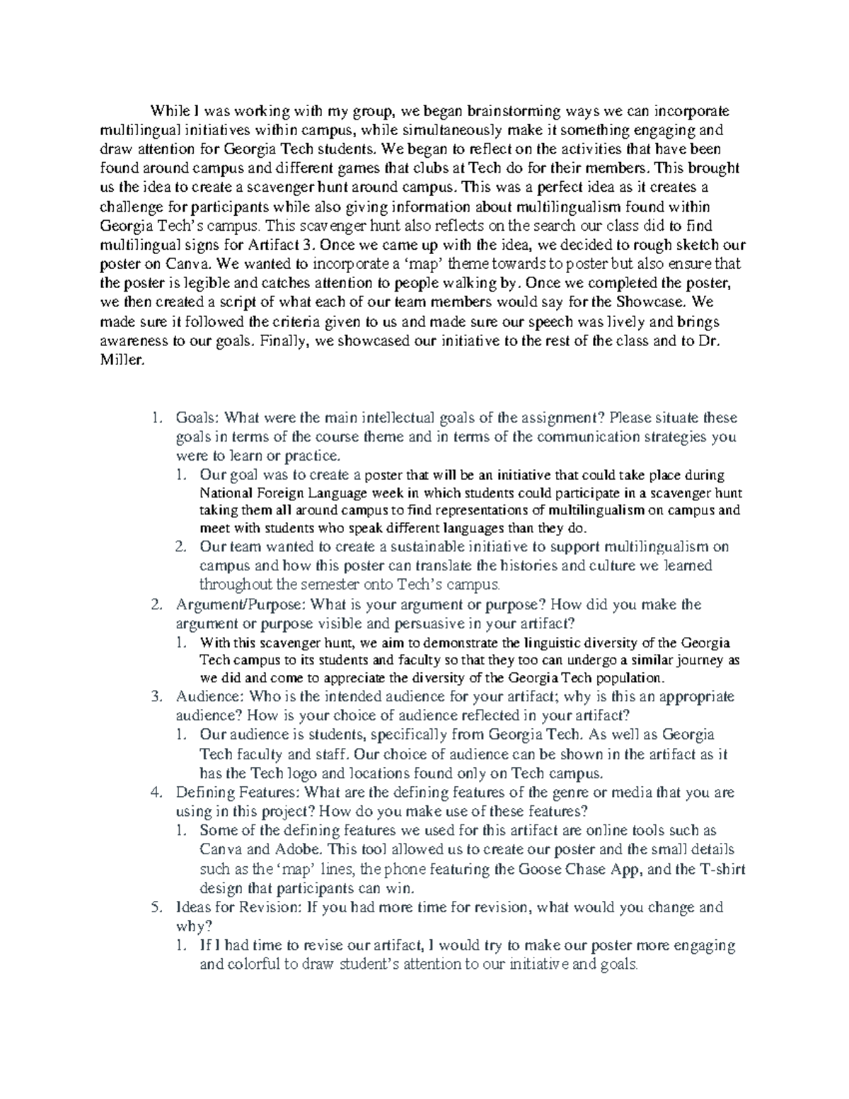 Artifact 3 - in class reflection - While I was working with my group, we began brainstorming ...