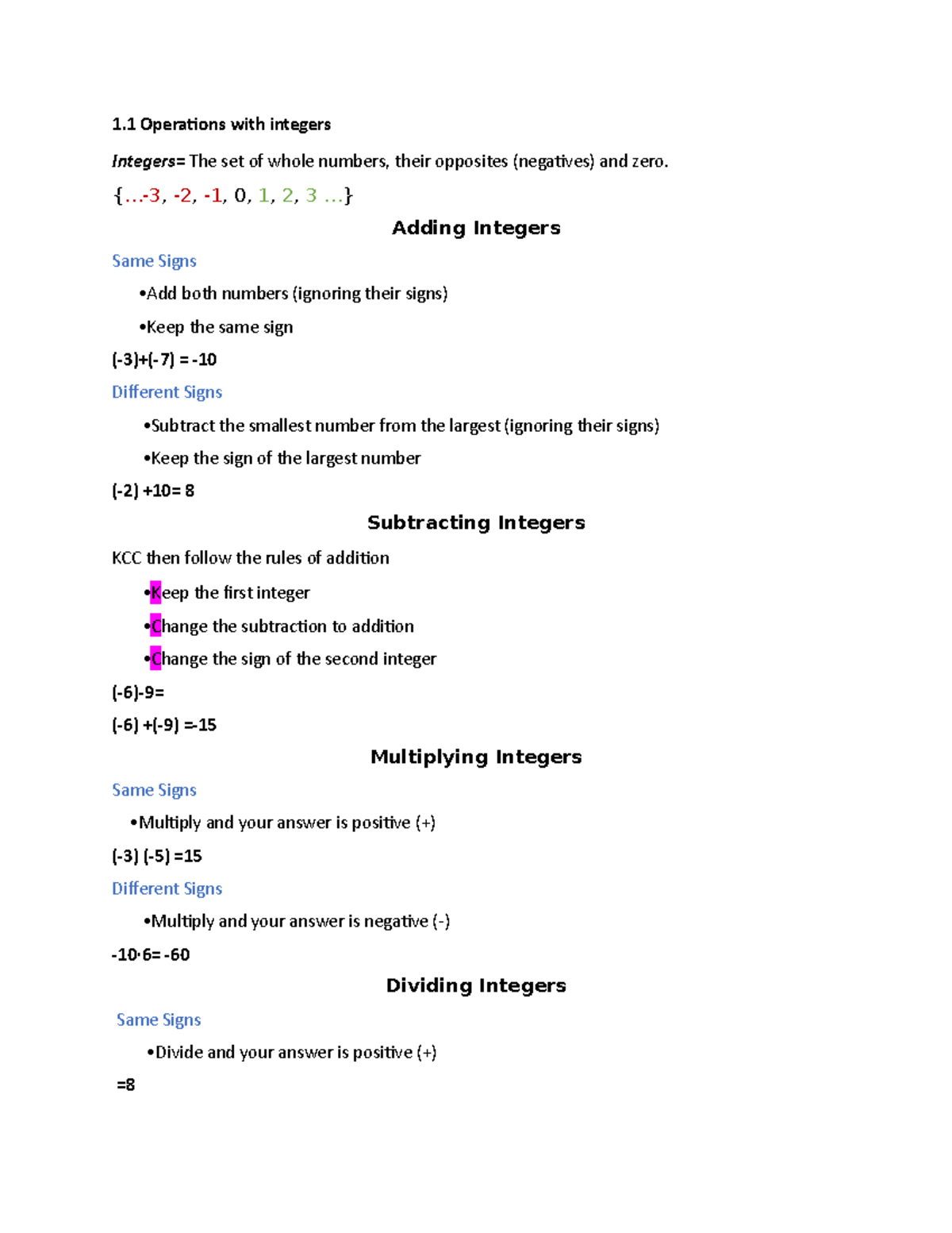 1 - Notes from class work - 1 Operations with integers Integers= The ...