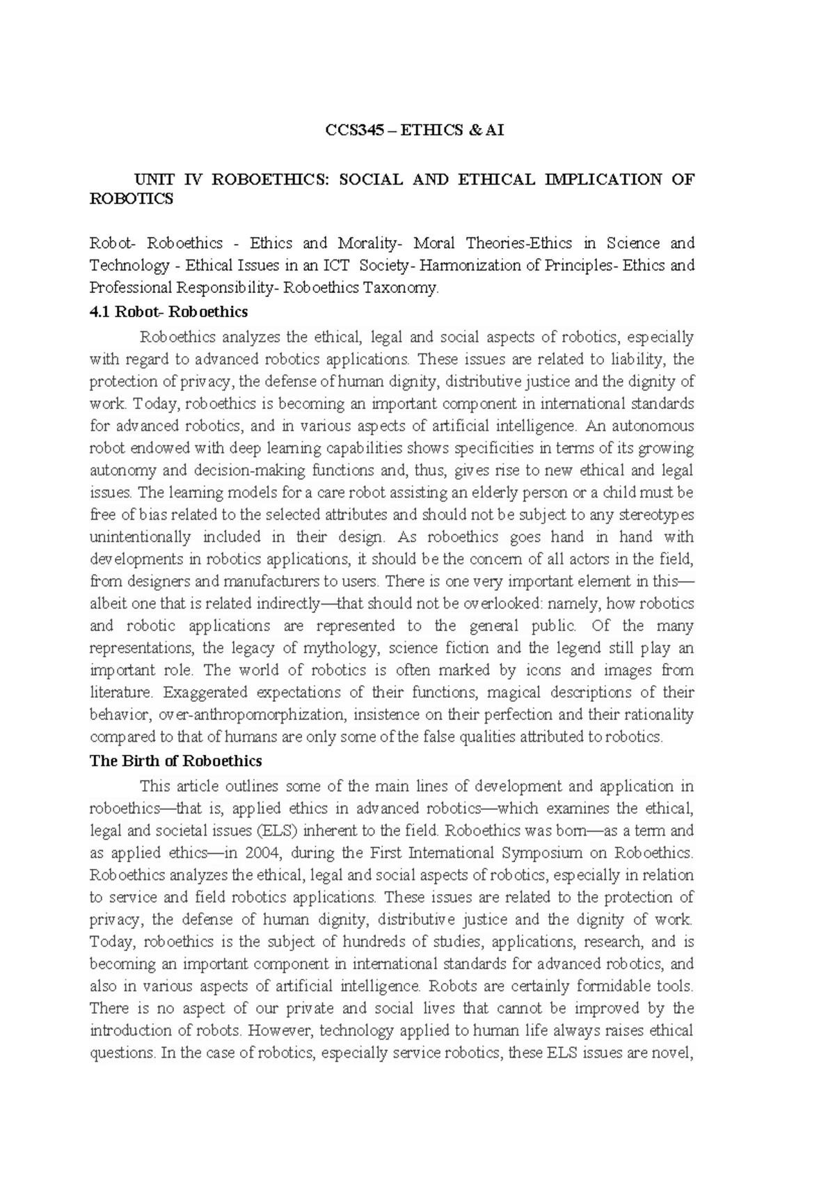 Ethics and ai unit 1 - notes - Ethics and AI Unit 1 Professional ethics ...