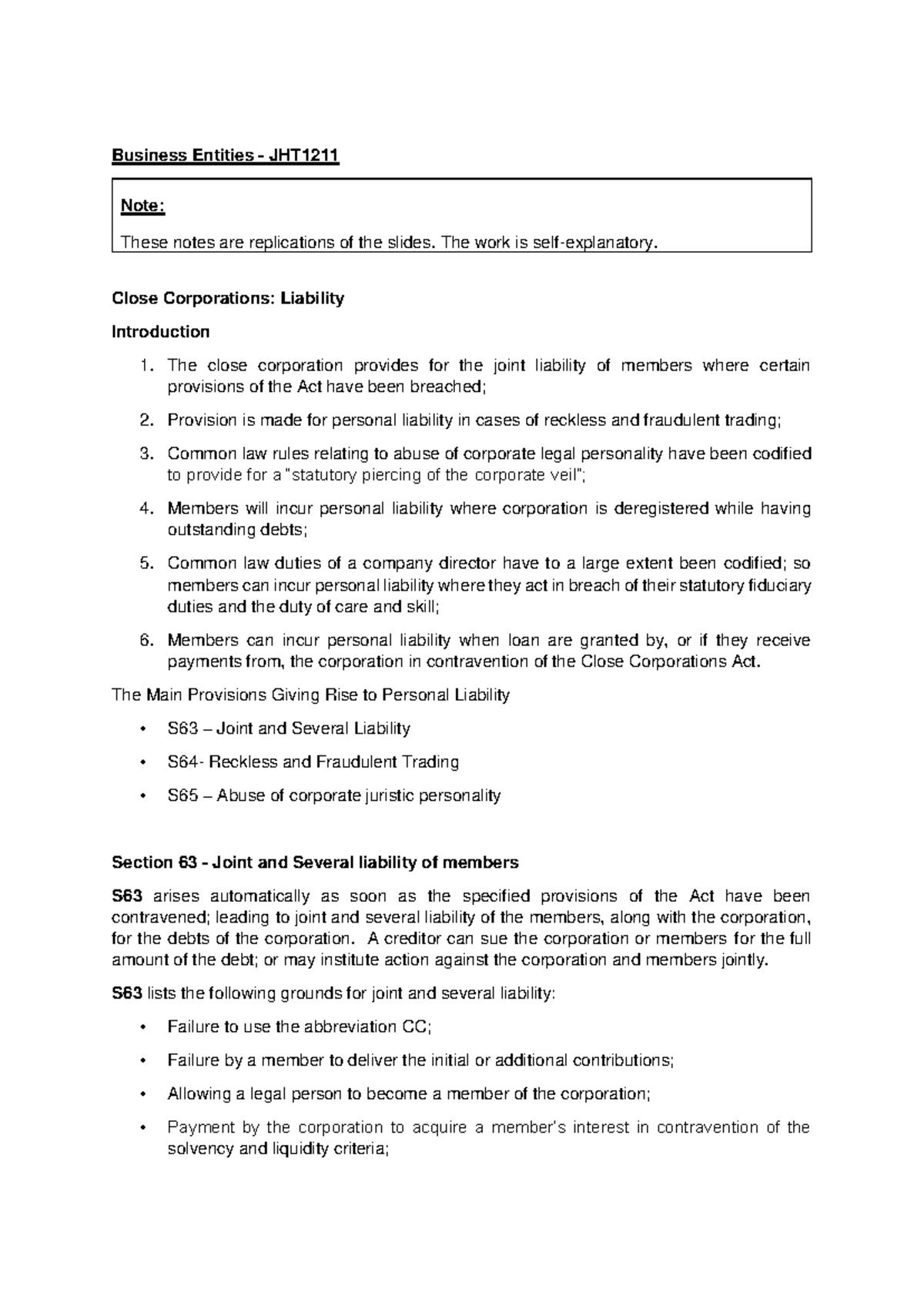 6 Liability - NOTES - Business Entities - JHT Note: These notes are ...