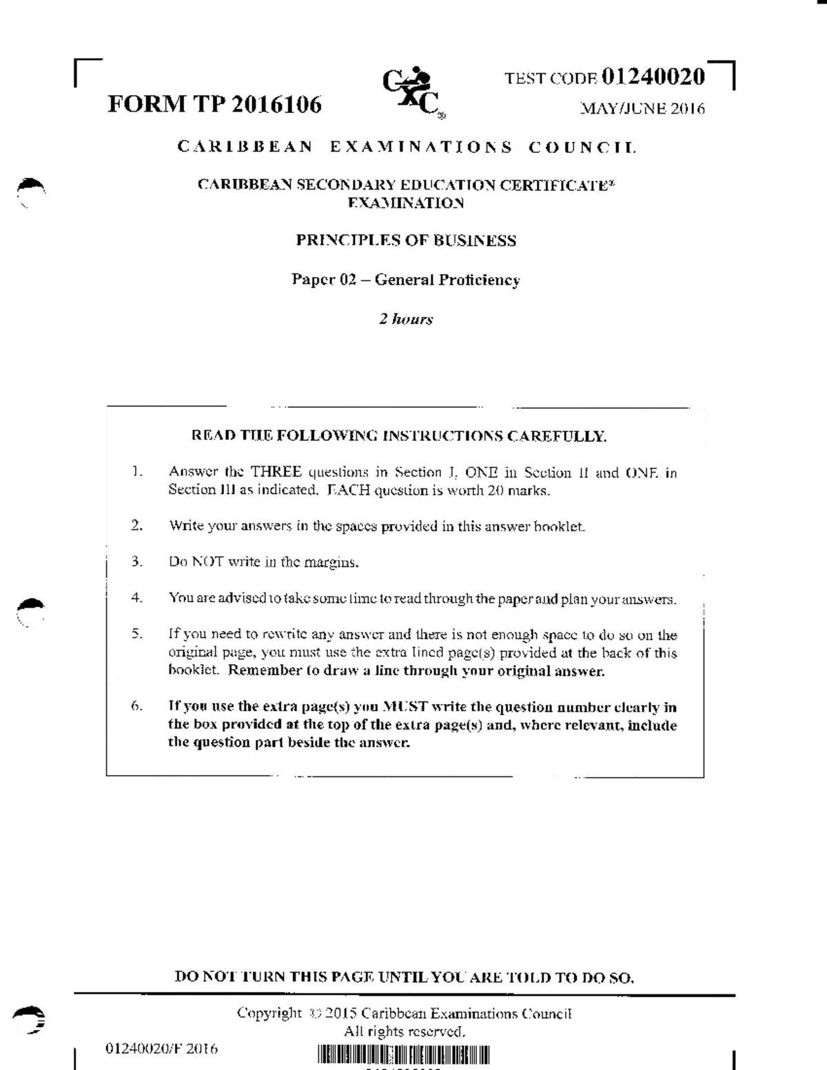 CSEC Principles OF Business JUNE 2016 P2 - Small businesses management ...