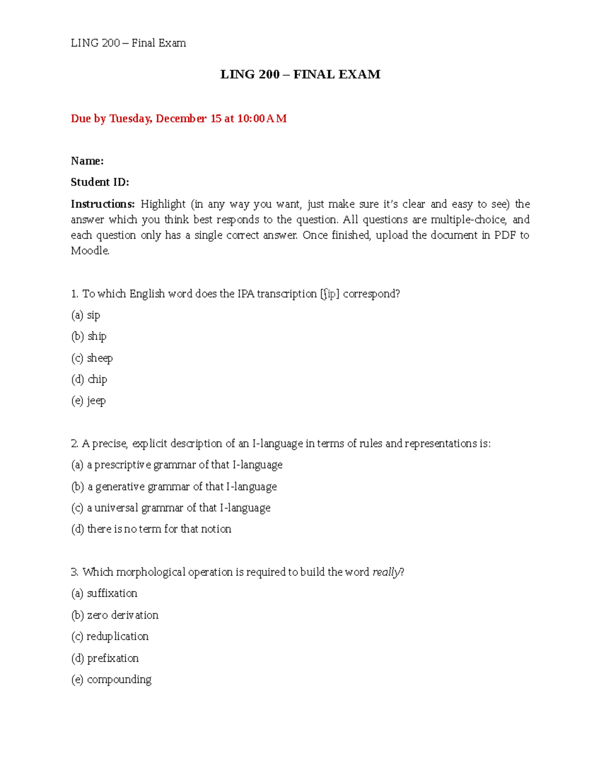 LING 200 Final Exam - probability - LING 200 – FINAL EXAM Due by ...