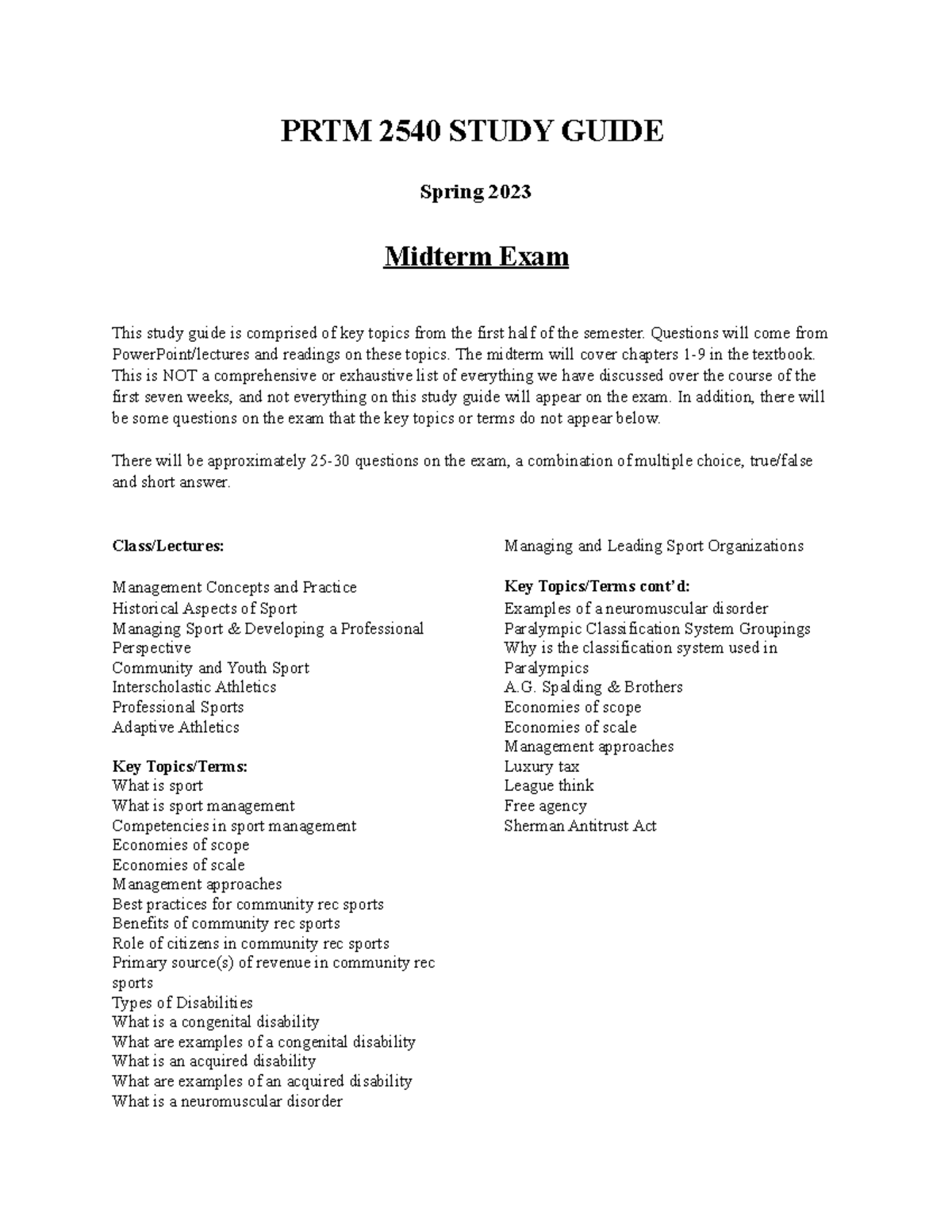 PRTM 2540 Midterm Exam Study Guide - PRTM 2540 STUDY GUIDE Spring 2023 Midterm Exam This study ...