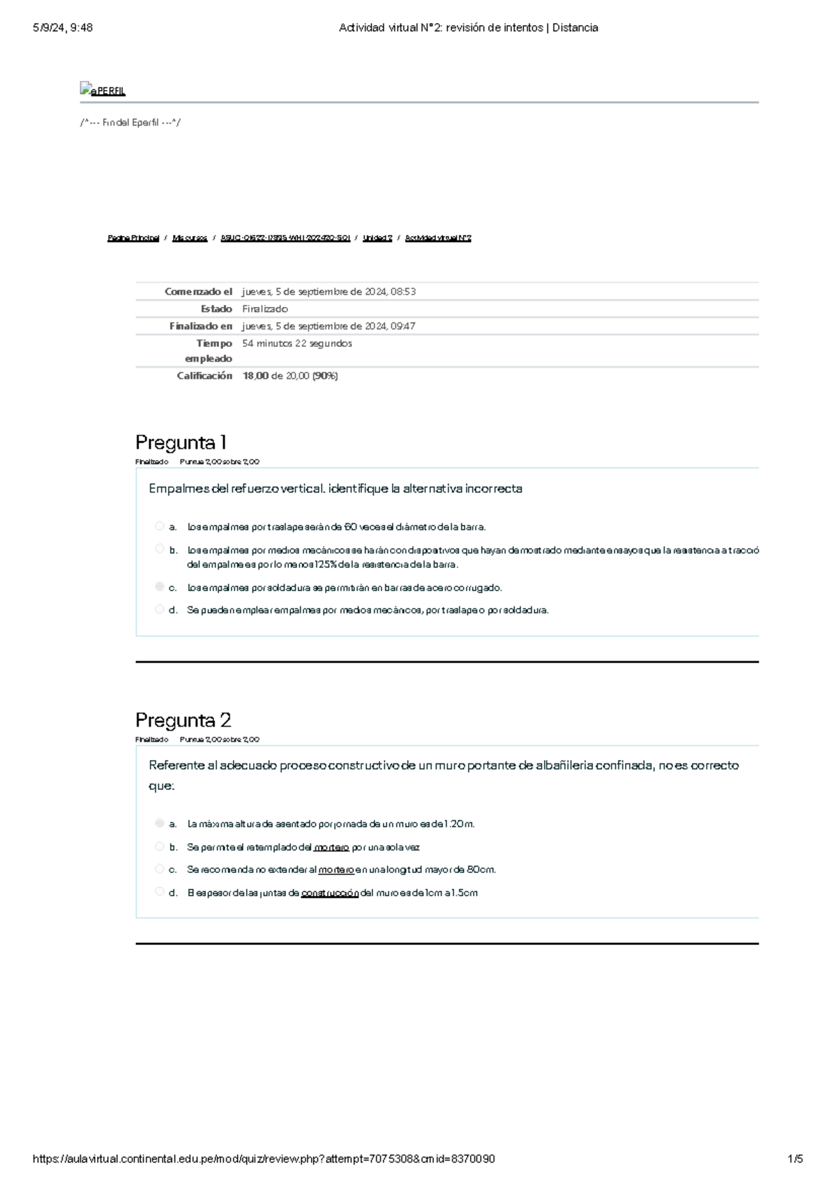 Actividad virtual N°2 revisión de intentos Distancia ALBA - ePERFIL /- Fin del Eperfil -/ Página ...