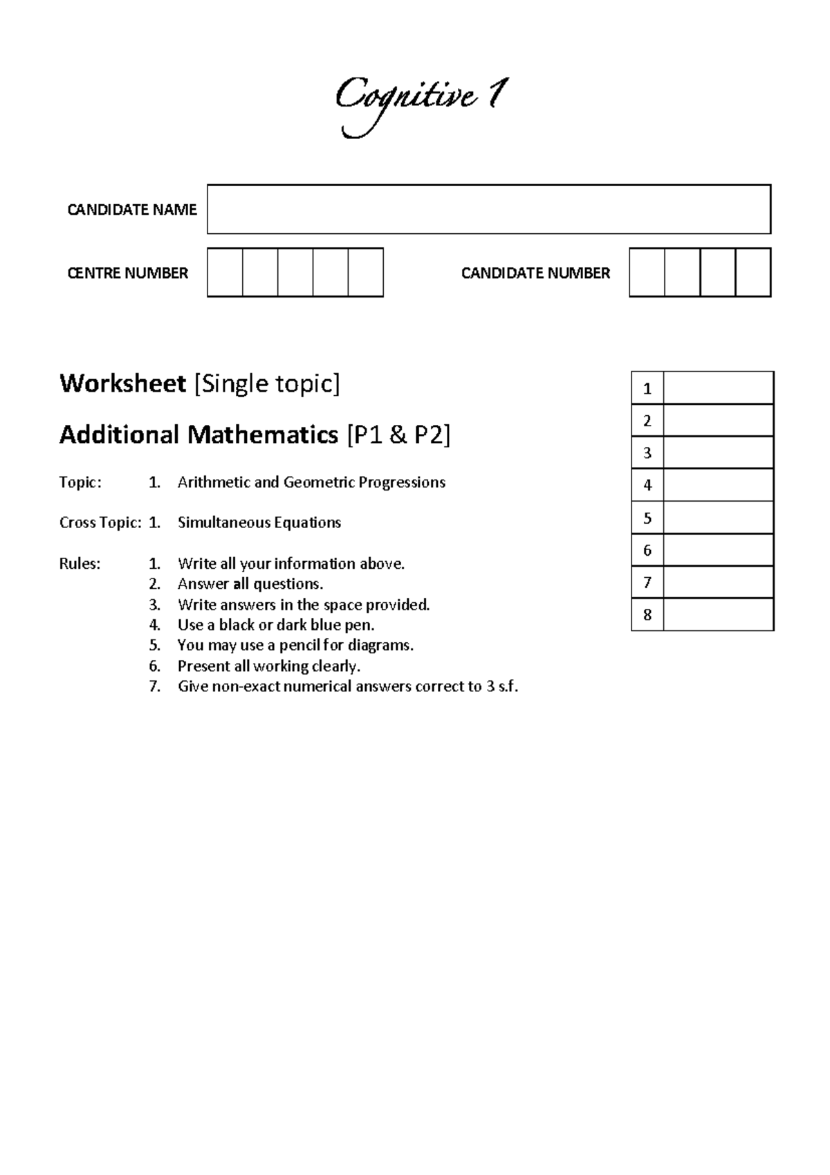 Grade 08 Worksheet on AP and GP - Cognitive 1 CANDIDATE NAME CENTRE ...
