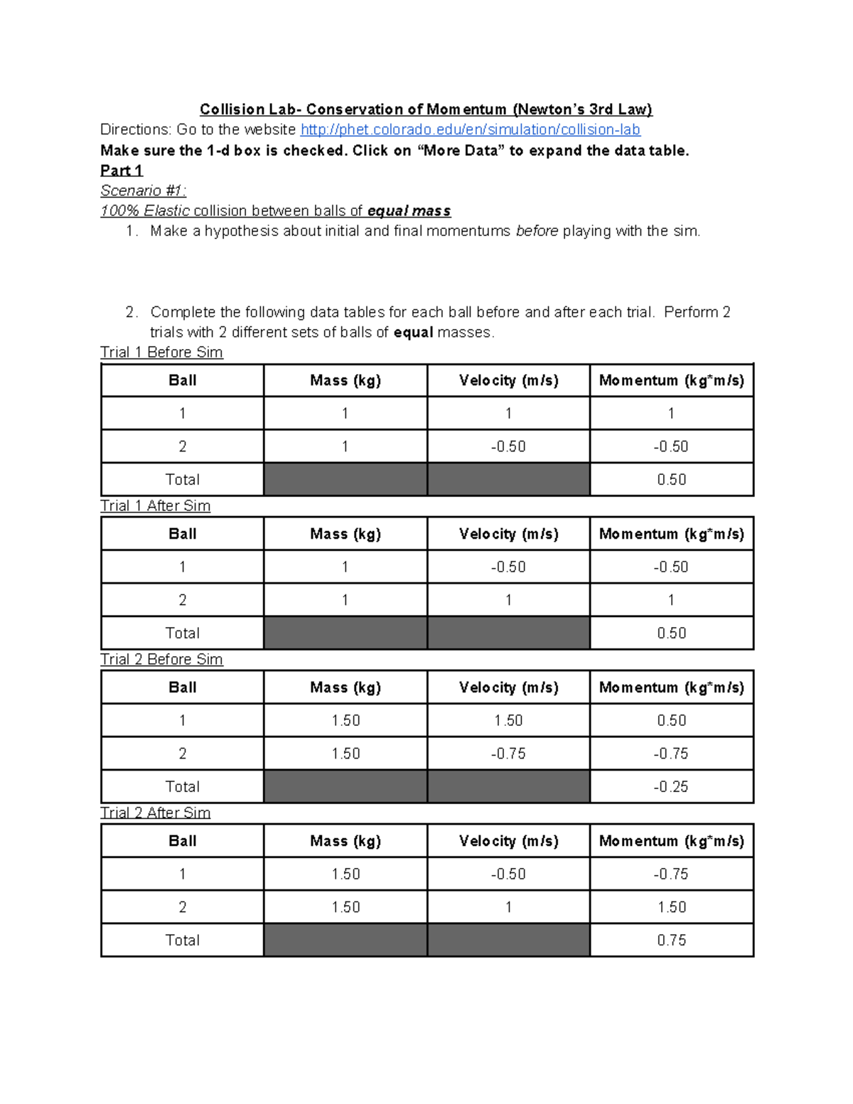 Collision Lab- Conservation of Momentum (Newton’s 3rd Law) - Collision ...