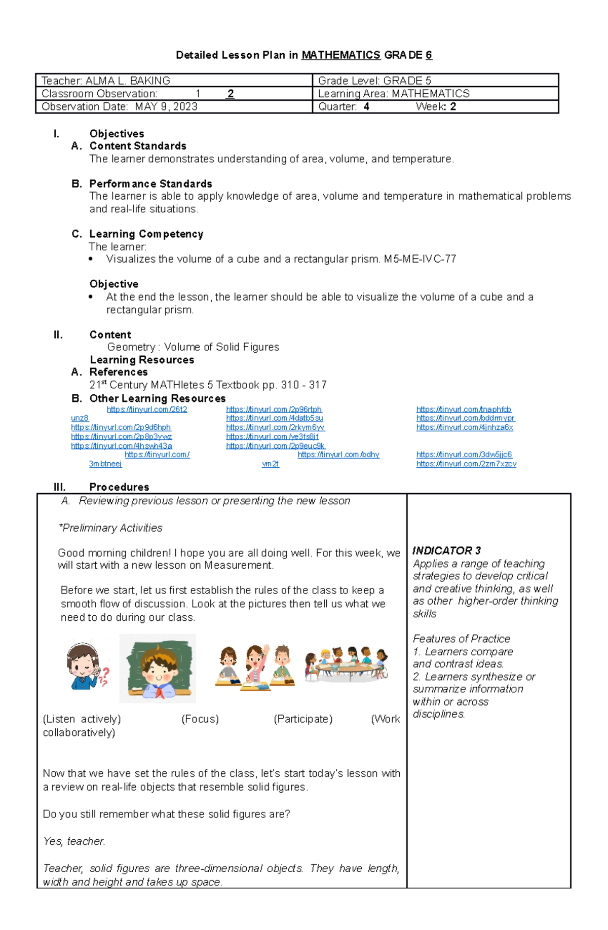 Baking ALMA L CO2-Mathematics-G5 Q4 W2 - Detailed Lesson Plan in MATHEMATICS GRADE 6 Teacher ...