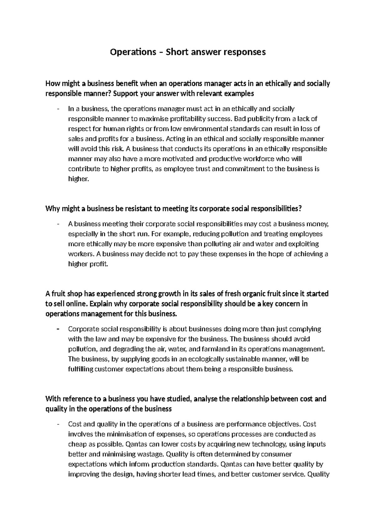 Operations - yes - Operations – Short answer responses How might a ...