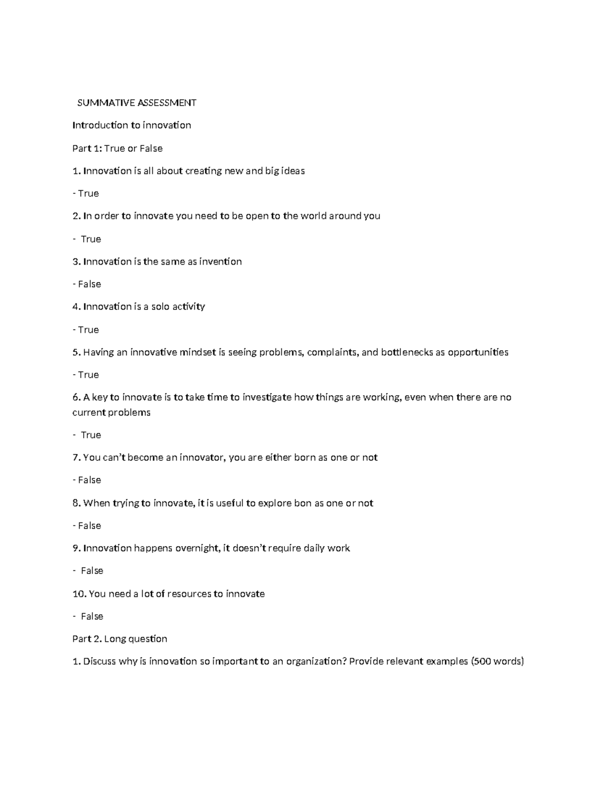 Summative Assessment - SUMMATIVE ASSESSMENT Introduction to innovation Part 1: True or False ...