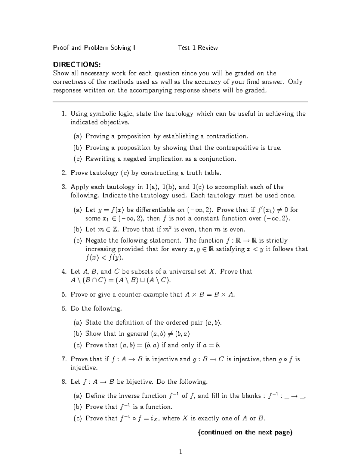 Proof And Problem Solving I Test 1 Review - Proof and Problem Solving I ...
