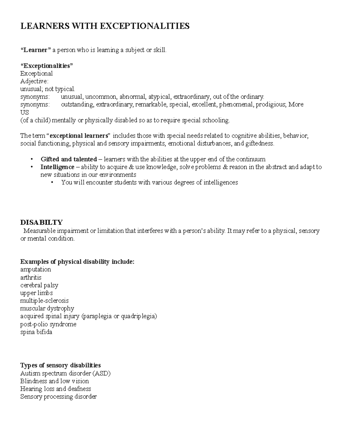 Lecture Notes On Learners With Exceptionalities - LEARNERS WITH ...