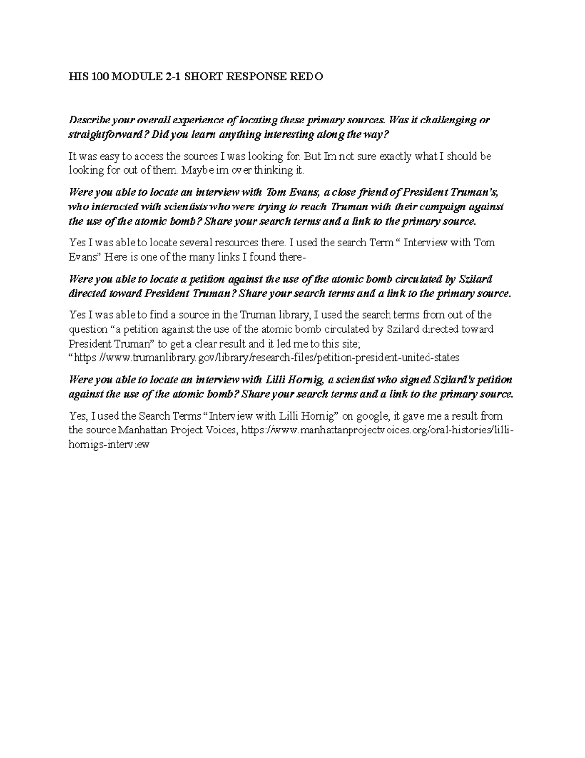 HIS 100 2-1 SR REDO - Module 2-1 Short Response - HIS 100 MODULE 2-1 ...