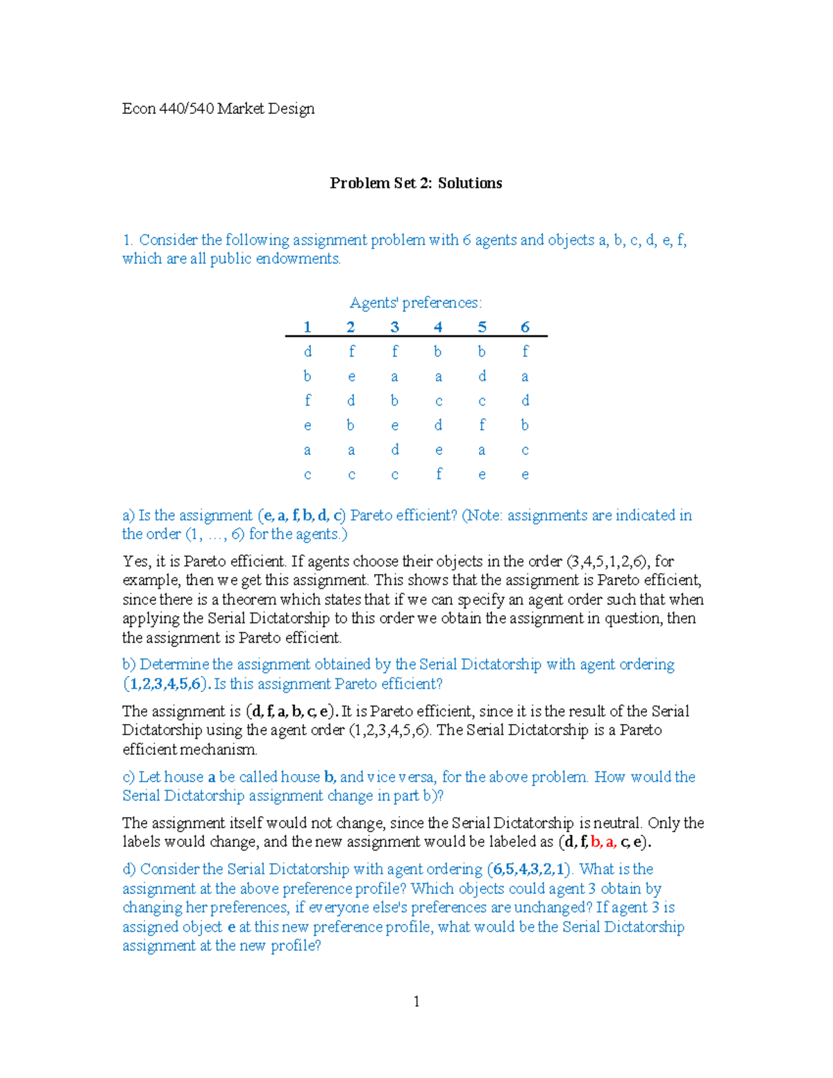 440 Problem set 2 solutions - Econ 440/540 Market Design Problem Set 2: Solutions Consider the ...