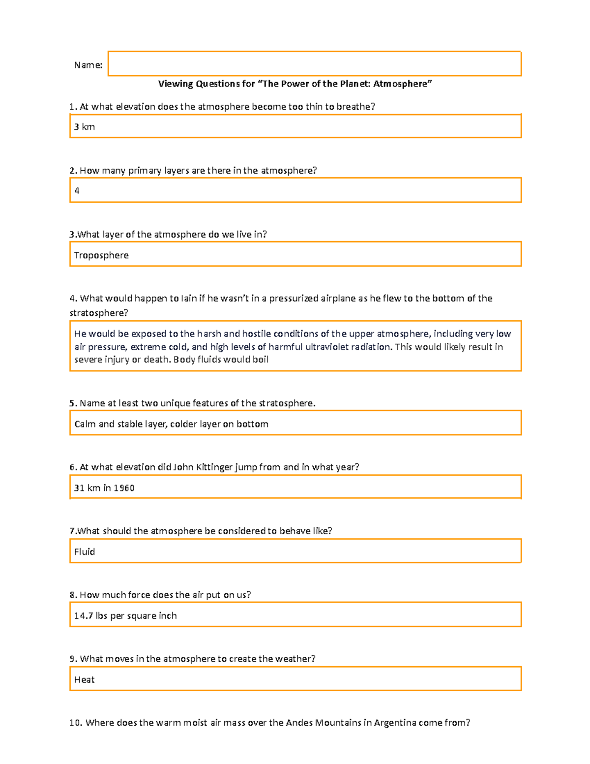 Power of the Planet Atmosphere viewing questions - Name: Viewing ...