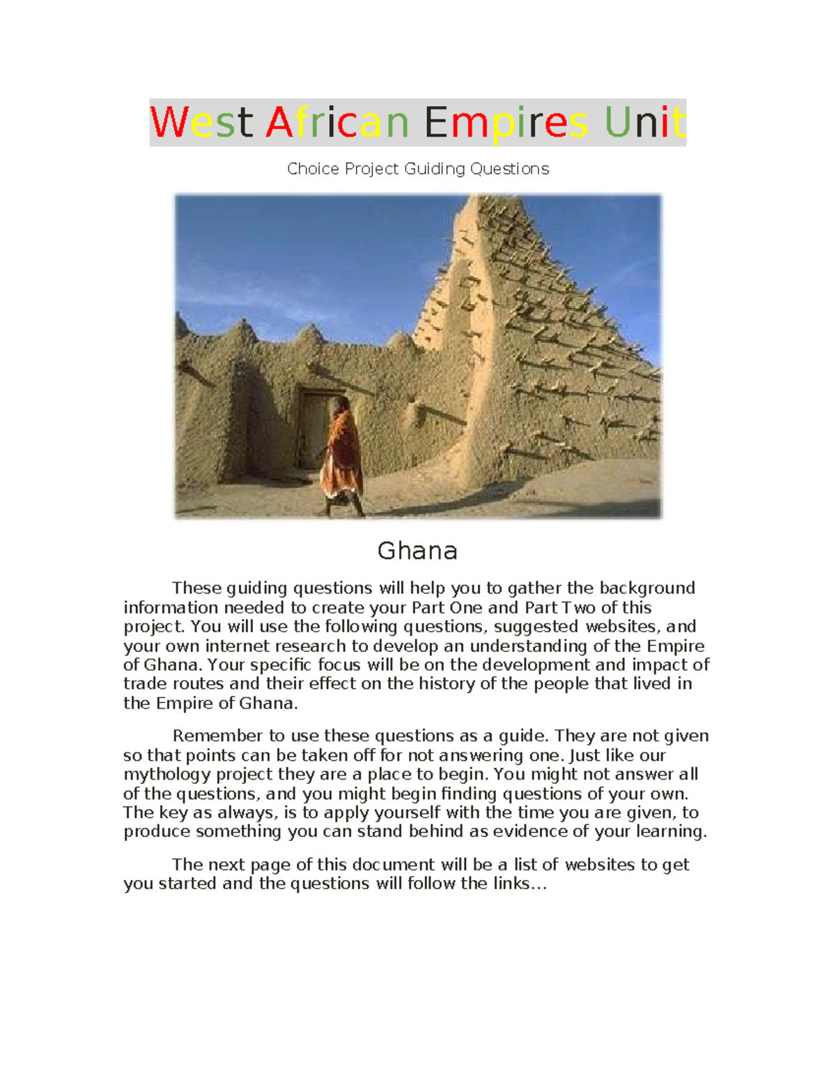 Guiding Questions -Ghana - West African Empires Unit Choice Project ...