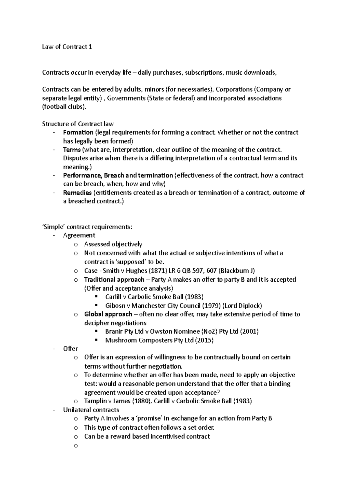 Lecture one - Week 1 - N/a - Law of Contract 1 Contracts occur in ...