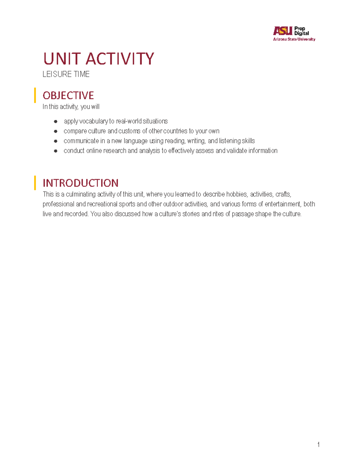 Copy of Spanish 2B U3 Unit Activity Leisure Time - UNIT ACTIVITY ...
