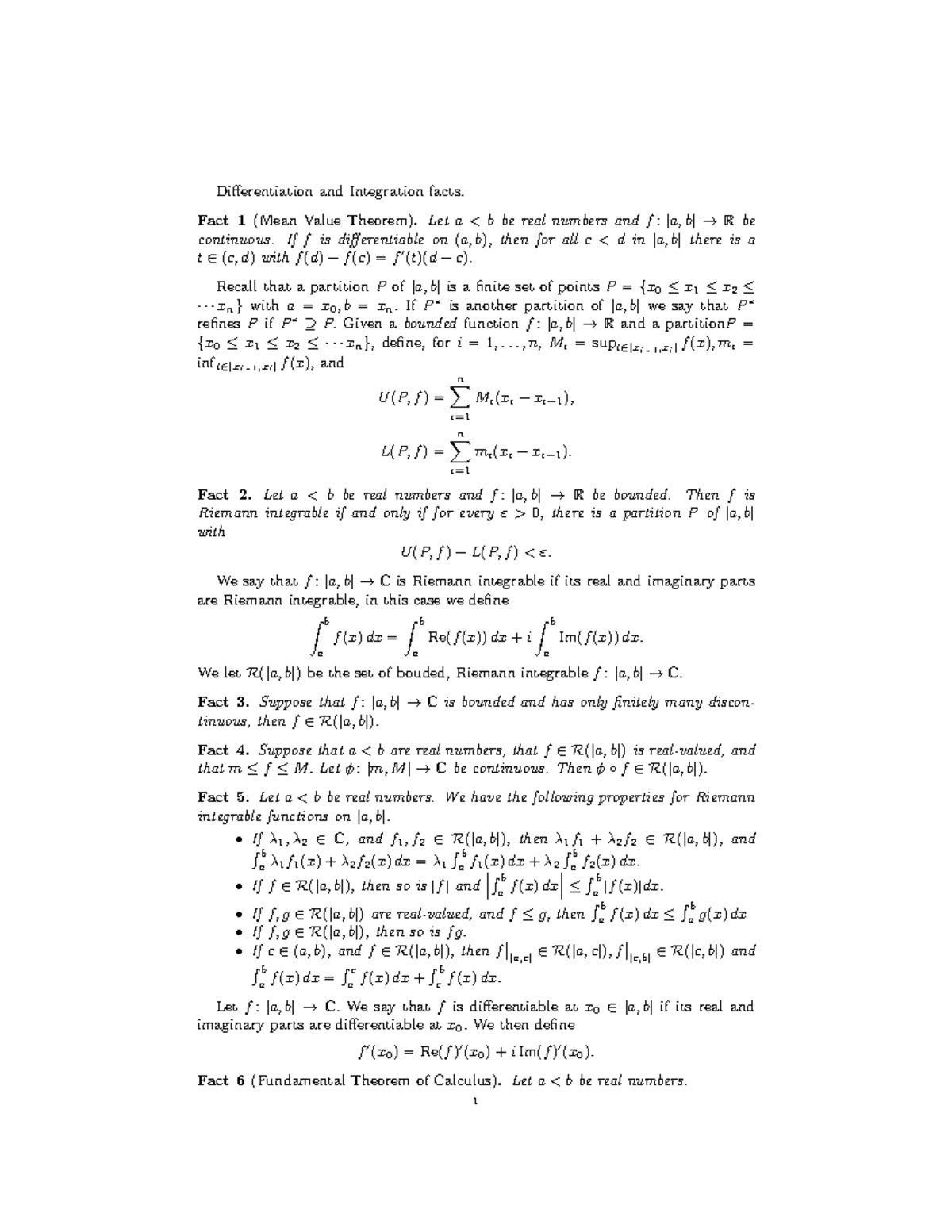 Integral Facts - Handout - Differentiation and Integration facts. Fact ...
