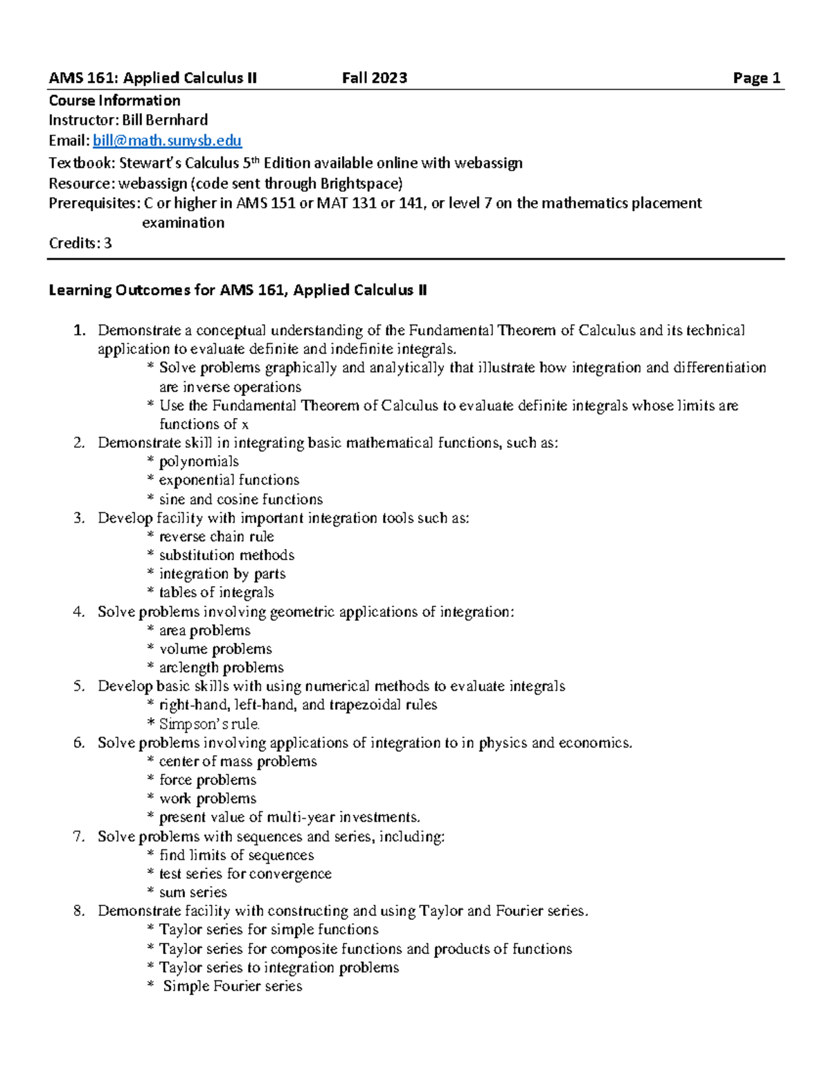 AMS 161 Course Syllabus Fall 2023 - Course Information Instructor: Bill ...