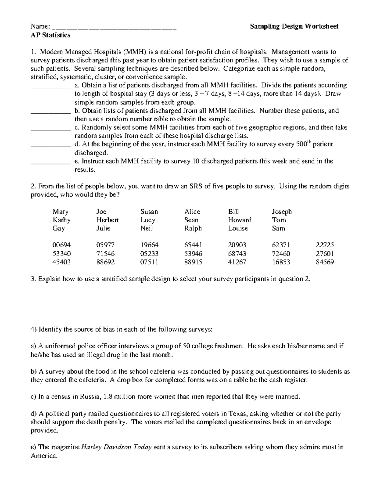 Sampling Design WS - Name: __________________________________ Sampling ...
