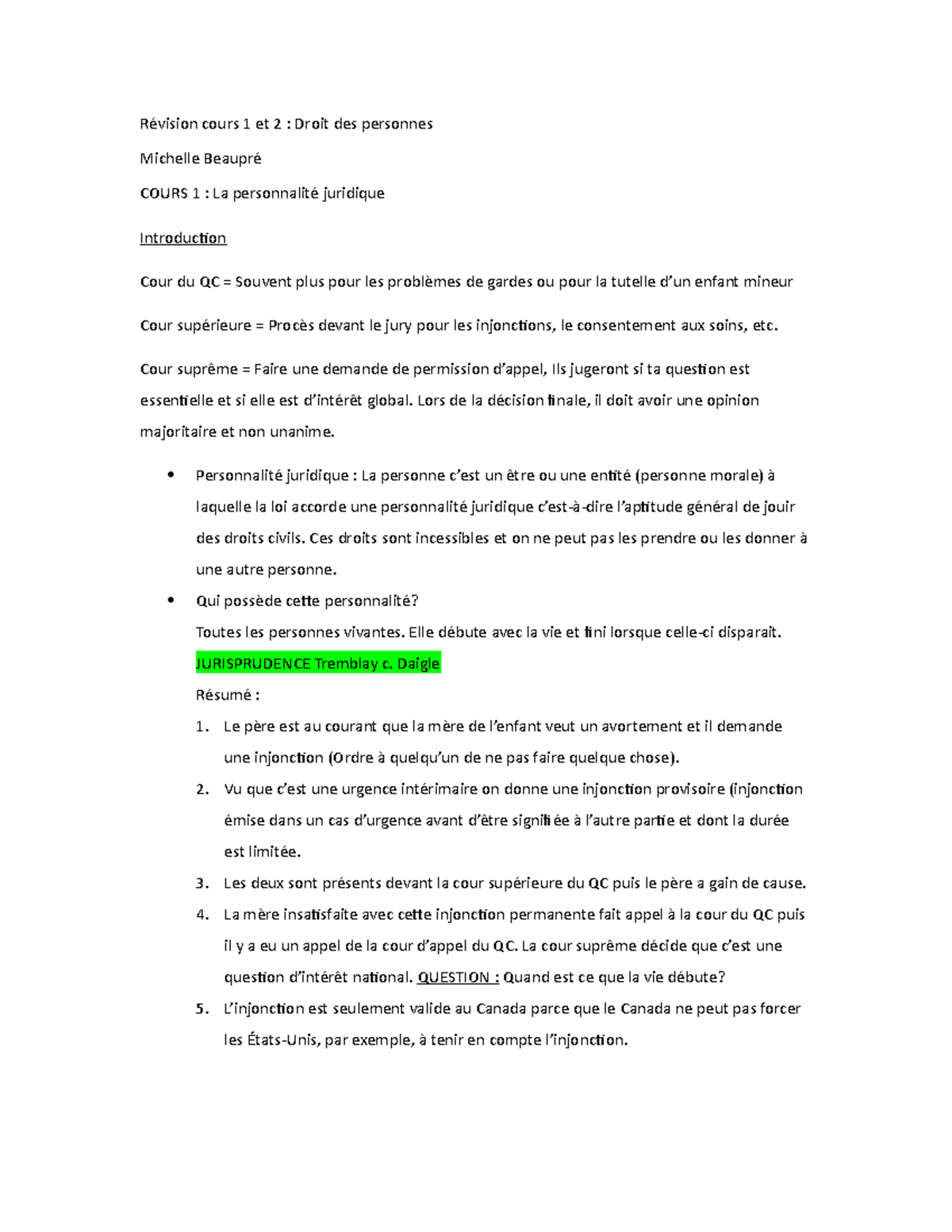 Révision cours 1 et 2 Michelle Beaupré Droit des personnes - Révision ...