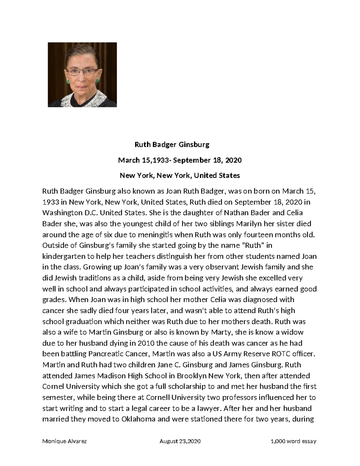 Ruth Badger Ginsburg - n/a - Ruth Badger Ginsburg March 15,1933 ...