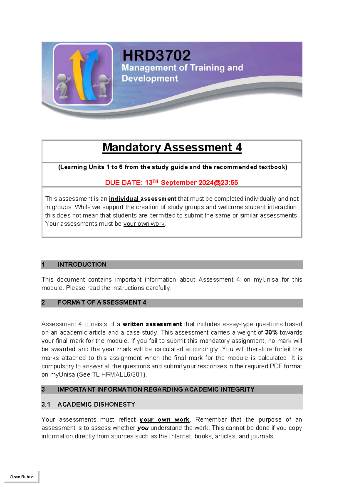 HRD3702 Assessment 04 (2) 10 9 - Mandatory Assessment 4 (Learning Units ...