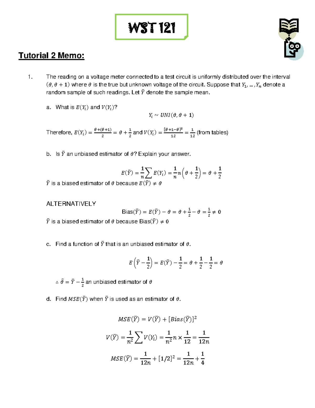 Tutorial 2 memo WST - WST 1 21 Tutorial 2 Memo: The reading on a voltage meter connected to a ...
