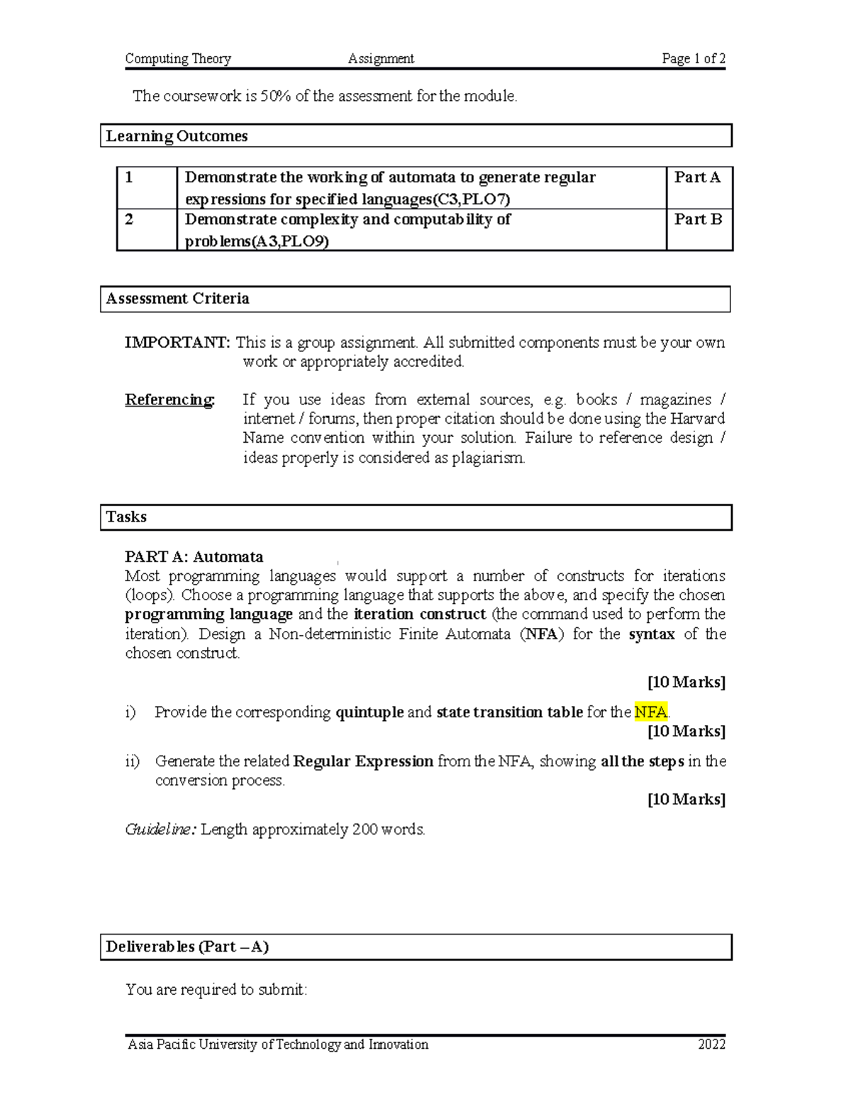 Assignment - Learning Outcomes 1 Demonstrate the working of automata to generate regular ...