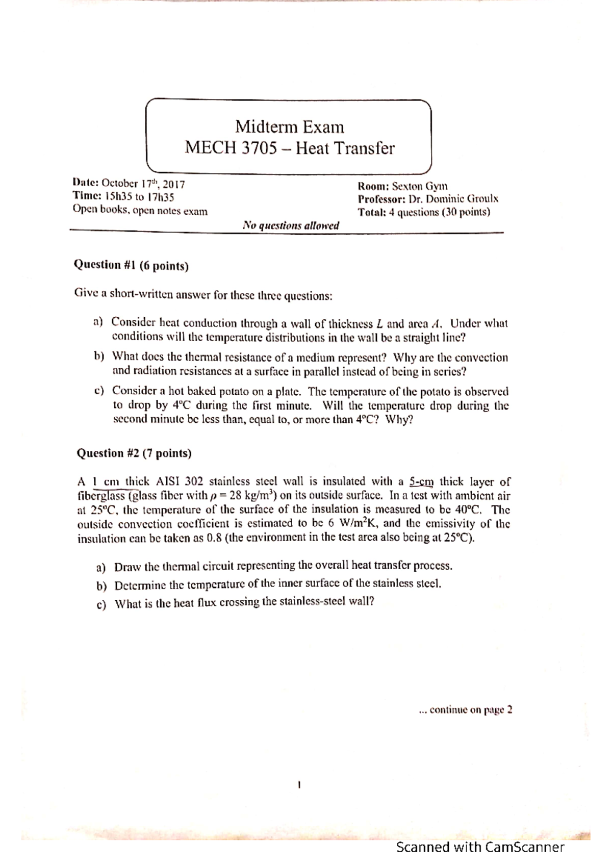 Heat Transfer Midterm Exam 2017 - MECH 3705 - Studocu