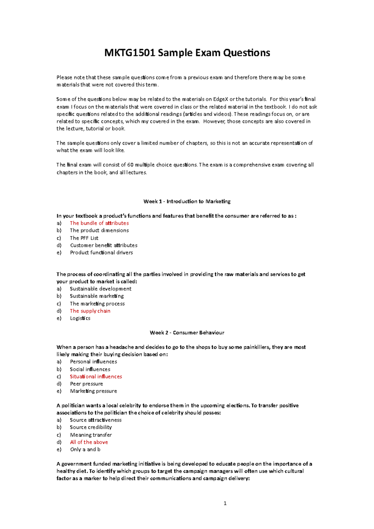 Final Exam - Sample Questions - MKTG1501 Sample Exam Questions Please ...