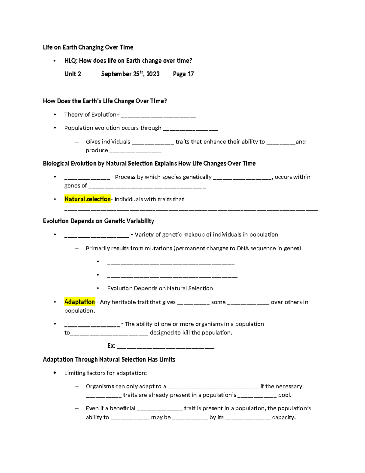 Life on Earth Changing Over Time Guided Notes - Life on Earth Changing ...