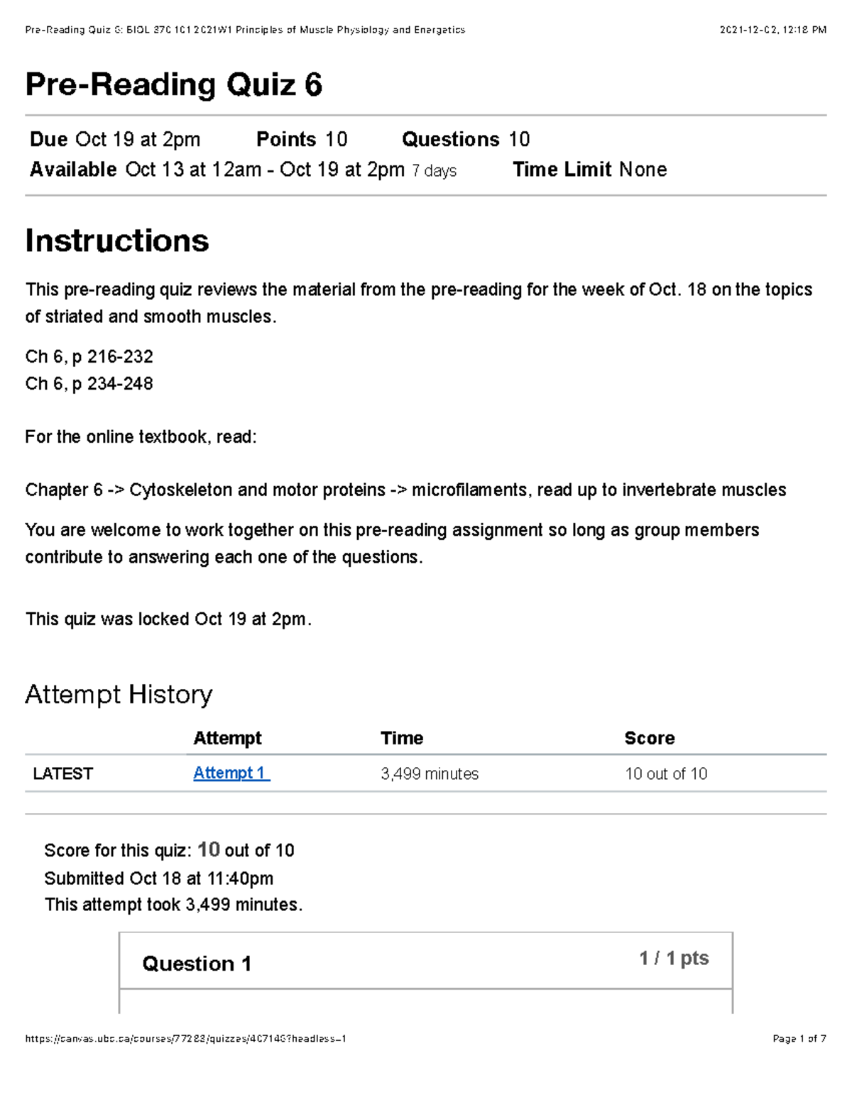 Pre-Reading Quiz 6: BIOL 370 101 2021W1 Principles of Muscle Physiology ...