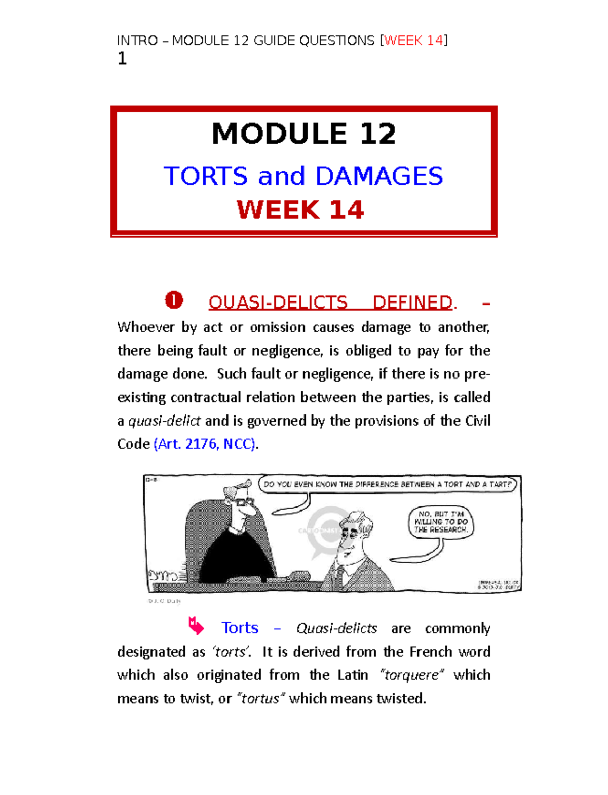 Mod12Wk14-Torts Damages - 1 MODULE 12 TORTS and DAMAGES WEEK 14 QUASI ...