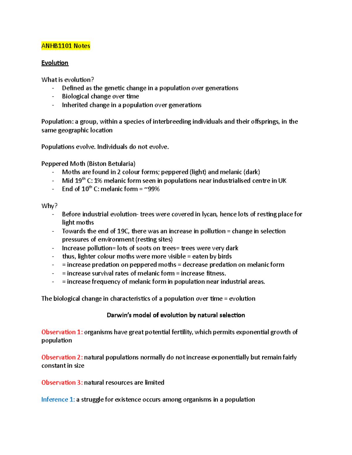 ANHB1101 Notes for Lecture 1-5 (intro and natural selection) - ANHB1101 ...