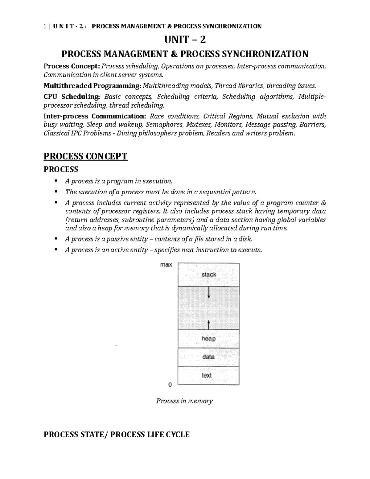 Operating Systems UNIT - 2 - UNIT – 2 PROCESS MANAGEMENT & PROCESS SYNCHRONIZATION Process - Studocu