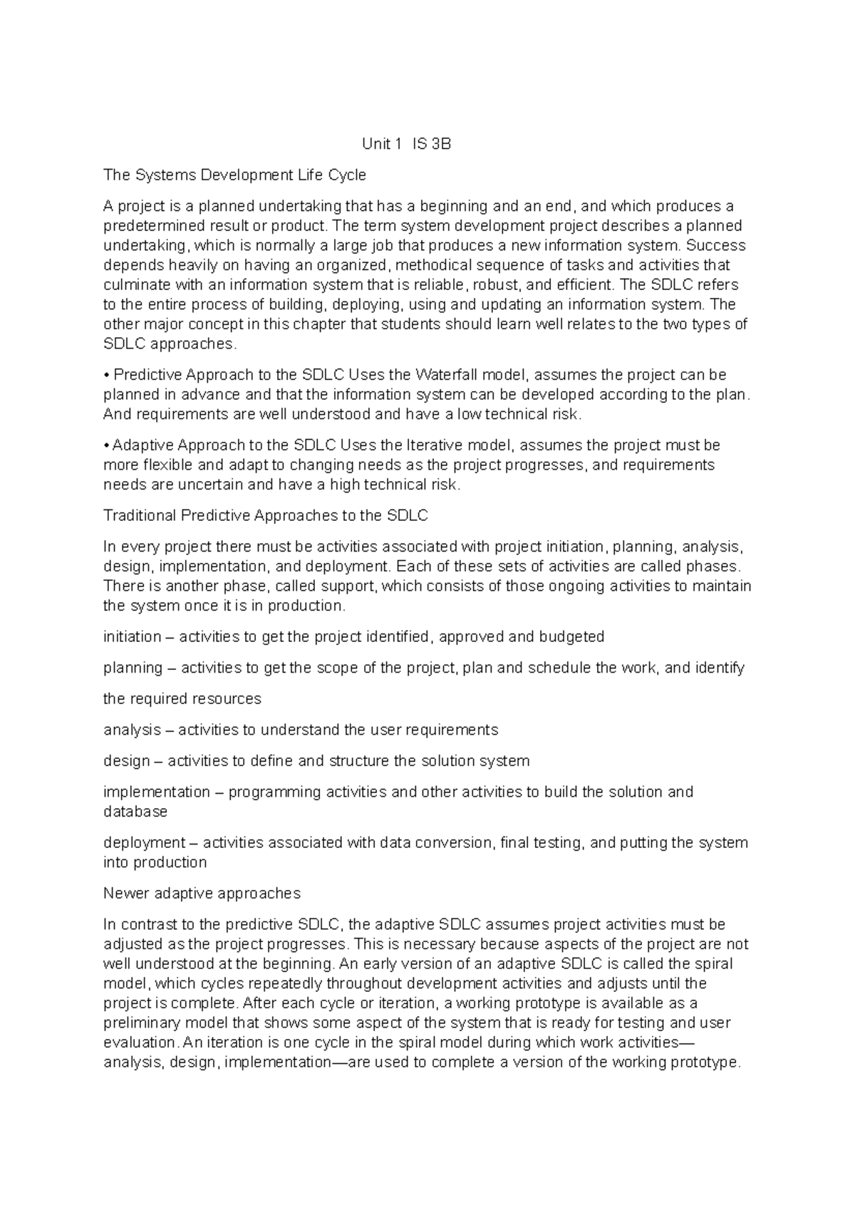 Study notes for test IS 3B - Unit 1 IS 3B The Systems Development Life ...