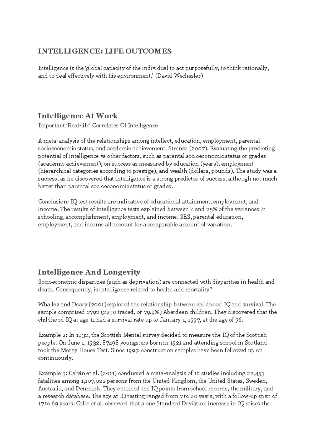 Intelligence life outcomes - INTELLIGENCE: LIFE OUTCOMES Intelligence ...