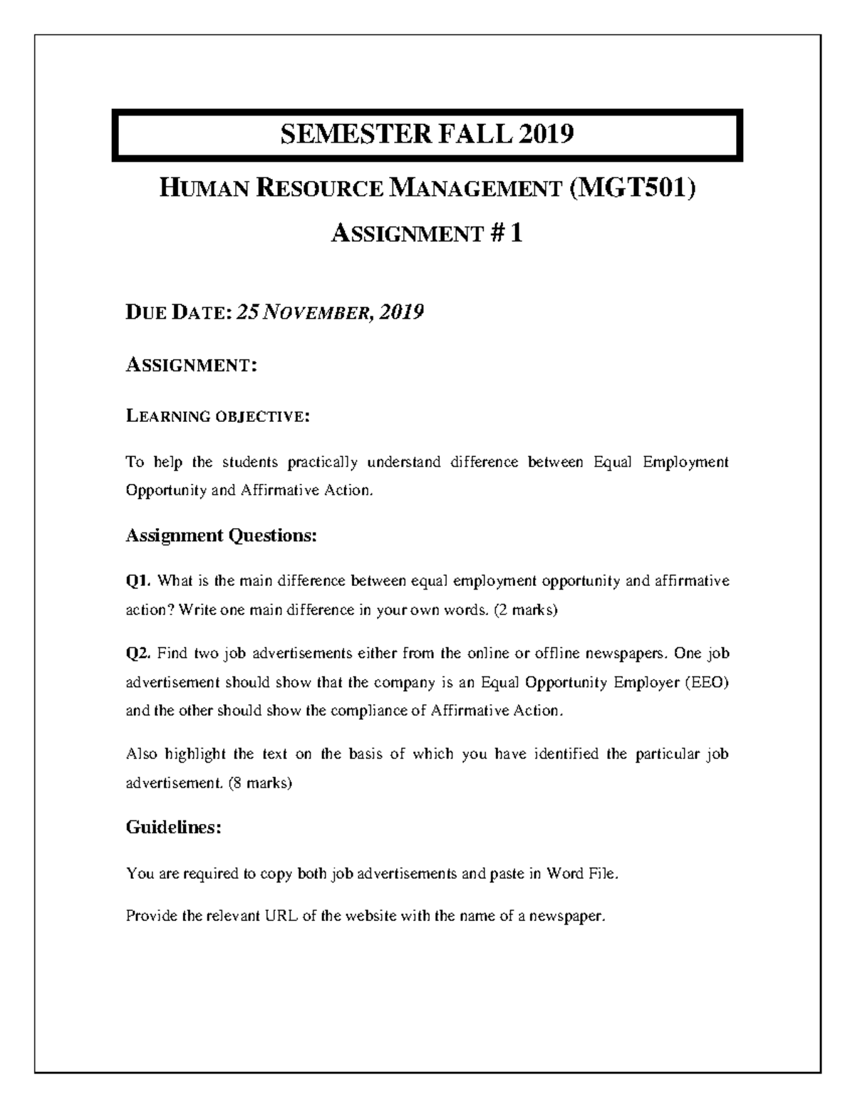 Fall 2019 MGT501 1 - Notes for MBA - SEMESTER FALL 2019 HUMAN RESOURCE ...