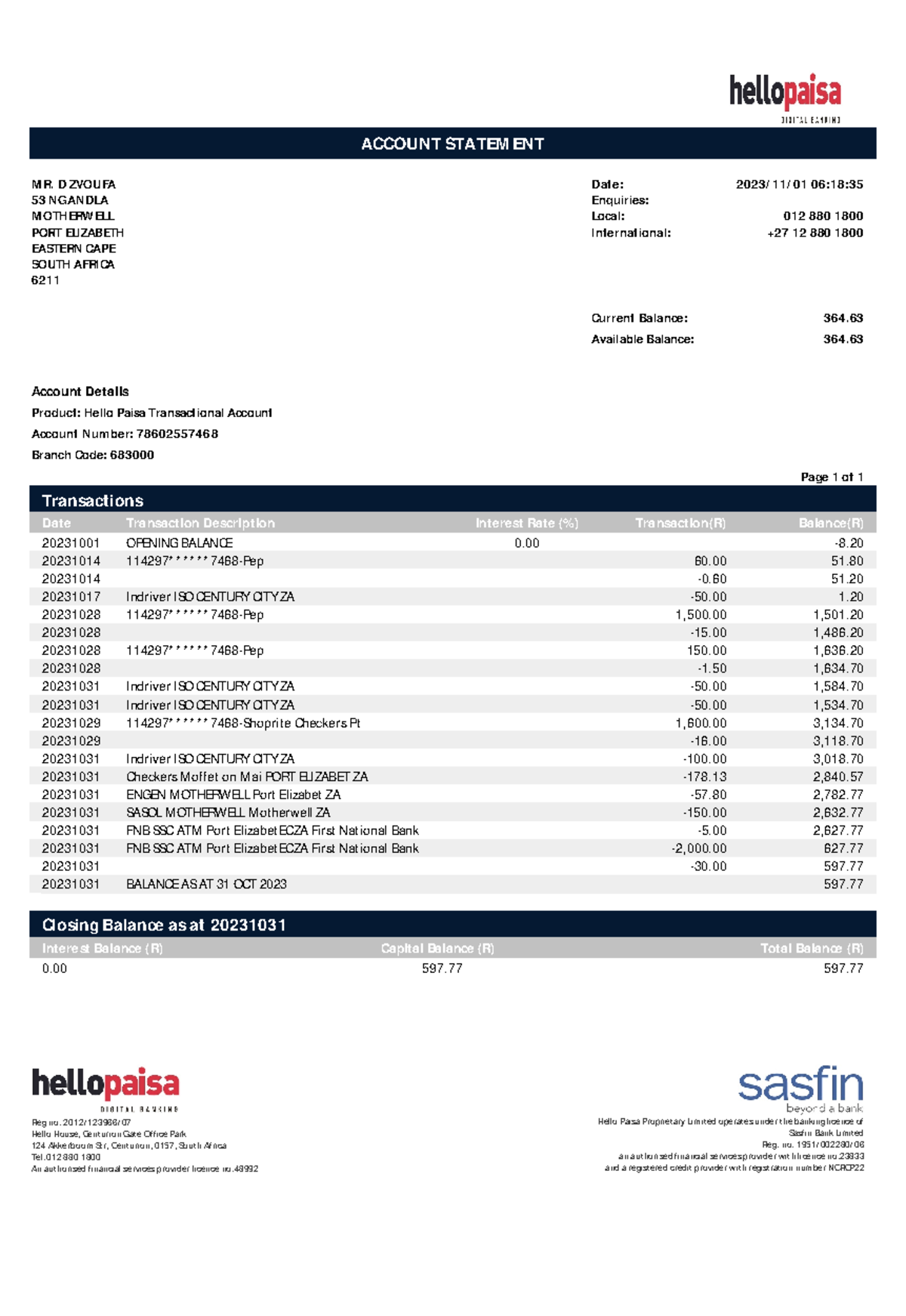 Hello Paisa statement - Summary Business Statistics 1 - ACCOUNT STATEMENT MR. D ZVOUFA 53 ...