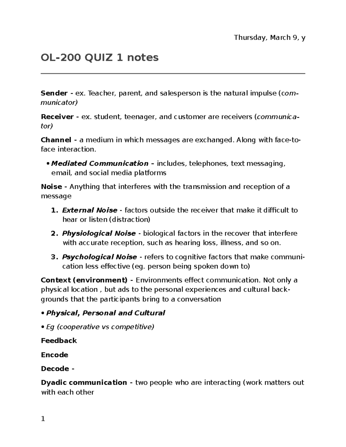 OL-200 quiz notes - OL-200 QUIZ 1 notes Sender - ex. Teacher, parent ...